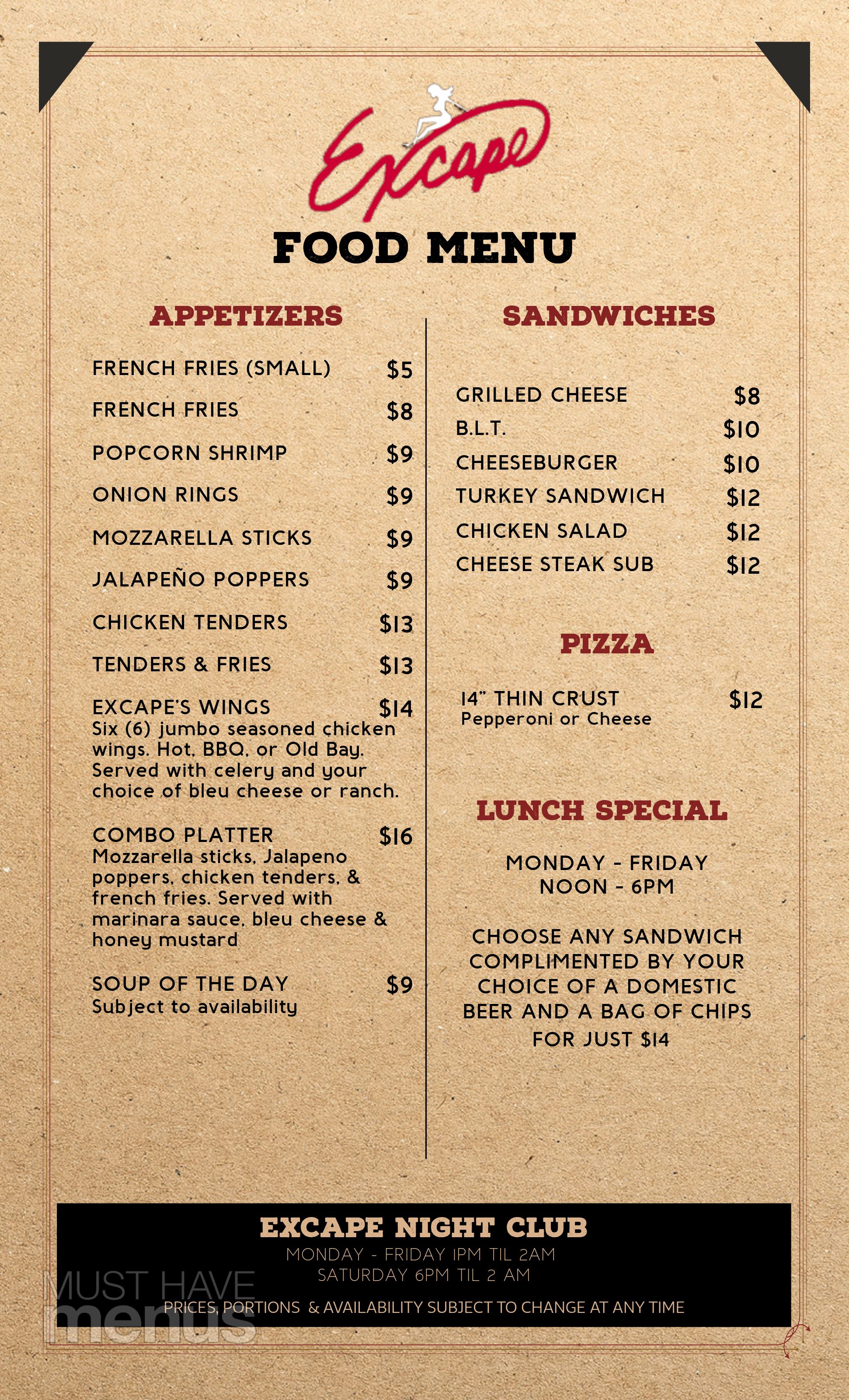 Menu – Excape Nightclub